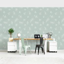 Fototapete Illustrierte Bl&auml;tter Muster Pastell Gr&uuml;n - Vliestapete nach Ma&szlig; Botanik Tropical Illustration Muster Wohnzimmer Schlafzimmer Bad