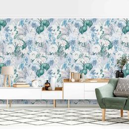 Fototapete Lilien und Hortensien auf Blau - Vliestapete nach Ma&szlig; Blumen Floral Kunstdruck Muster Wohnzimmer Schlafzimmer Bad Badezimmer K&uuml;che Flur