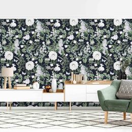 Fototapete Wei&szlig;e Bl&uuml;ten und Schmetterlinge auf Blau - Vliestapete nach Ma&szlig; Kunstdruck Wohnzimmer Schlafzimmer Bad Badezimmer K&uuml;che Flur Esszimmer Blau