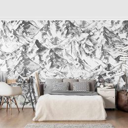 Fototapete Illustration Berglandschaft Grau - Vliestapete nach Ma&szlig; Illustration Natur Wohnzimmer Schlafzimmer Bad Badezimmer K&uuml;che Flur Esszimmer