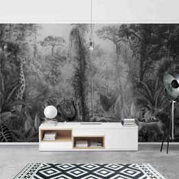 Fototapete Antiker Dschungel Schwarz Wei&szlig; - Vliestapete nach Ma&szlig; Wald B&auml;ume Botanik Tropical Kunstdruck Natur Vintage Wohnzimmer Schlafzimmer Bad