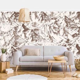 Fototapete Illustration Berglandschaft Sepia - Vliestapete nach Ma&szlig; Illustration Natur Wohnzimmer Schlafzimmer Bad Badezimmer K&uuml;che Flur Esszimmer