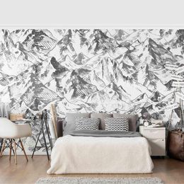 Fototapete Illustration Berglandschaft Grau - Vliestapete nach Ma&szlig; Illustration Natur Wohnzimmer Schlafzimmer Bad Badezimmer K&uuml;che Flur Esszimmer