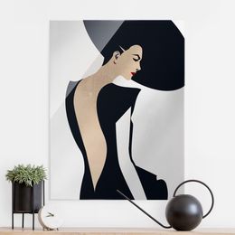 Glasbild Dame mit Hut in Dunkelblau