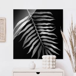 Glasbild Silber - Palmenblatt II auf Schwarz