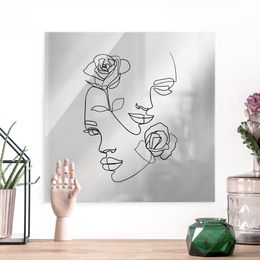 Glasbild Line Art Gesichter Frauen Rosen Schwarz Wei&szlig;