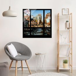 Glasbild New York Blick aus Fenster auf Stra&szlig;e in New York