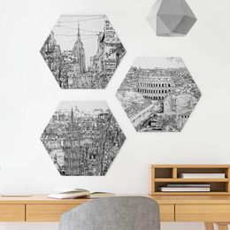 3-teiliges Hexagon-Alu-Dibond Bild Stadtstudien - New York - London - Rom