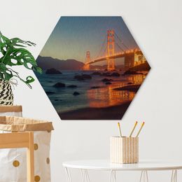 Hexagon-Alu-Dibond Bild Golden Gate Bridge am Abend