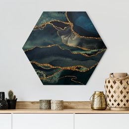 Hexagon-Alu-Dibond Bild Goldene Glitzer Wellen vor Blau