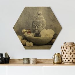 Hexagon-Alu-Dibond Bild Zen Buddha, Orchideen und Steine