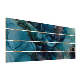 Holzbild Plankenoptik Unterwasser in Petrol und Rot mit Gold - Wandbilder aus Holz Palettenoptik Abstrakt Aquarell Kunstdruck Muster Wohnzimmer