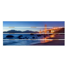 Holzbild Plankenoptik Golden Gate Bridge am Abend - Wandbilder aus Holz Palettenoptik Skyline Stadt Wohnzimmer Schlafzimmer Bad Badezimmer K&uuml;che Flur