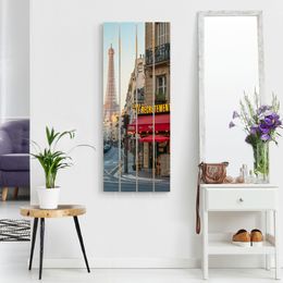 Holzbild Plankenoptik Stra&szlig;e von Paris - Wandbilder aus Holz Palettenoptik Skyline Stadt Wohnzimmer Schlafzimmer Bad Badezimmer K&uuml;che Flur Esszimmer