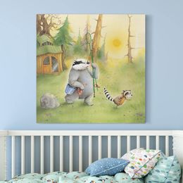 Leinwandbild Kinderzimmer Wassili Waschb&auml;r - Wassili und Sibelius gehen angeln