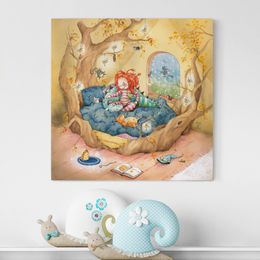 Leinwandbild Kinderzimmer Frida die kleine Waldhexe - Frida kuschelt mit ihren Freunden