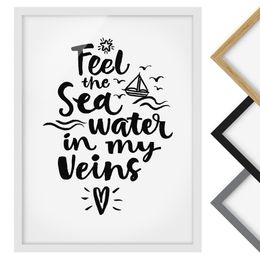 Spruch Bild mit Rahmen I feel the sea water in my veins
