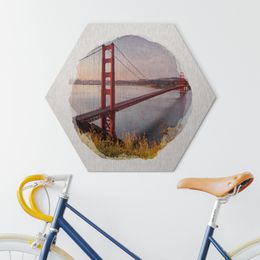 Hexagon-Alu-Dibond Bild Wasserfarben - Golden Gate Bridge in San Francisco