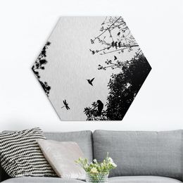 Hexagon-Alu-Dibond Bild Vintage Tree with Birds
