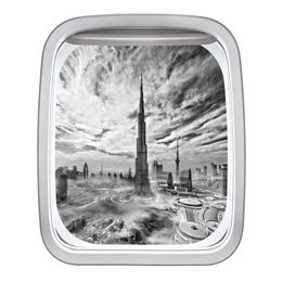 3D Wandtattoo Fenster Flugzeug Dubai Super Skyline Fenster Wandsticker 3D-Optik Wandaufkleber Fenster Ausblick in S-XXL 3D-Effekt