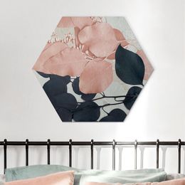 Hexagon-Alu-Dibond Bild Bl&auml;tter Indigo & Rouge I