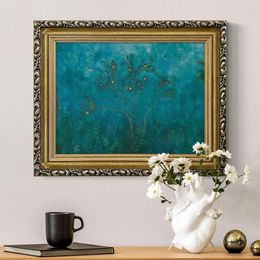 Bilderwelten Bild mit Barockrahmen Antik Wald Tropisch Barock blau - Waldlichtung mit Orangenbaum bei Nacht - B&auml;ume Wohnzimmer Schlafzimmer