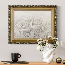 Bilderwelten Bild mit Barockrahmen Antik Blumen Motiv Barock beige - Wei&szlig;e Rosen - Rose Wohnzimmer Schlafzimmer