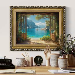 Bilderwelten Bild mit Barockrahmen Antik Strand Fotomontage Barock t&uuml;rkis - Traumhafter Ausblick durchs Fenster - Berg Wohnzimmer Schlafzimmer