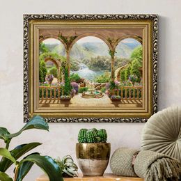 Bilderwelten Bild mit Barockrahmen Antik Blumen Fotomontage Barock bunt - Traumhafter Ausblick auf einen Wasserfall in den Bergen - Berg Wohnzimmer Schlafzimmer