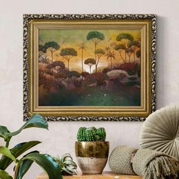 Bilderwelten Bild mit Barockrahmen Antik Wald Tropisch Barock gr&uuml;n - Tropischer Sonnenaufgang - Pflanzen Wohnzimmer Schlafzimmer