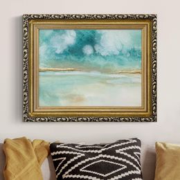 Bilderwelten Bild mit Barockrahmen Antik Strand modern Aquarell t&uuml;rkis - Smaragd-Wolken und Gold II - Himmel Wohnzimmer Schlafzimmer