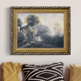 Bilderwelten Bild mit Barockrahmen Antik Wald Tropisch Barock gr&uuml;n - Tropische Fantasy Landschaft - B&auml;ume Wohnzimmer Schlafzimmer
