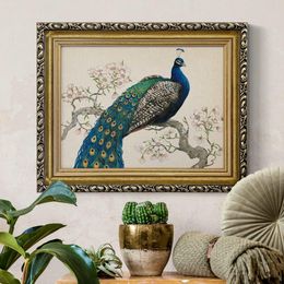 Bilderwelten Bild mit Barockrahmen Antik Blumen Vintage Barock t&uuml;rkis - Vintage Pfau mit Kirschbl&uuml;ten - Kirschbl&uuml;te Wohnzimmer Schlafzimmer
