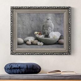 Bilderwelten Bild mit Barockrahmen Antik Spirituell Motiv Barock grau - Zen Buddha, Orchideen und Steine - Buddha Wohnzimmer Schlafzimmer