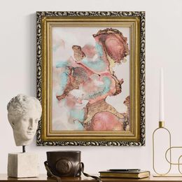Bilderwelten Bild mit Barockrahmen Antik originell Abstrakt Aquarell rosa - Goldenes Aquarell Ros&eacute; - edle Optik Wohnzimmer Schlafzimmer