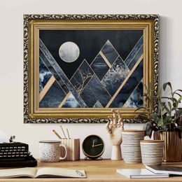 Bilderwelten Bild mit Barockrahmen Antik originell Abstrakt Aquarell blau - Goldener Mond abstrakte schwarze Berge - edle Optik Wohnzimmer Schlafzimmer