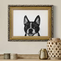 Gerahmtes Leinwandbild Illustration Hund Boston Schwarz Wei&szlig; Malerei