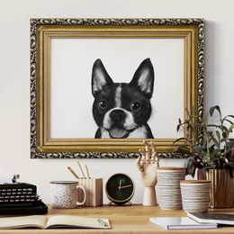 Bilderwelten Bild mit Barockrahmen Antik Tiere modern Aquarell schwarz weiss - Illustration Hund Boston Schwarz Wei&szlig; Malerei - Hund Jugendzimmer