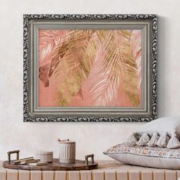 Bilderwelten Leinwandbild mit Barockrahmen Palmenbl&auml;tter Rosa und Gold III