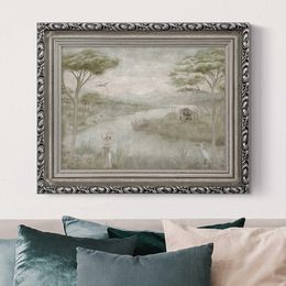 Bilderwelten Leinwandbild mit Barockrahmen Pastellgr&uuml;ne Landschaft mit Kranich