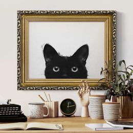 Bilderwelten Bild mit Barockrahmen Antik Tiere modern Aquarell schwarz - Illustration Schwarze Katze auf Wei&szlig; Malerei - Katze Wohnzimmer Schlafzimmer