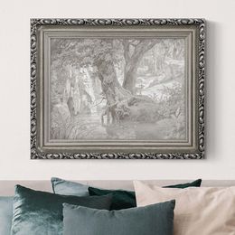 Bilderwelten Bild mit Barockrahmen Antik originell Illustration Barock grau - Johann Wilhelm Schirmer - Waldlandschaft - edle Optik Wohnzimmer Schlafzimmer