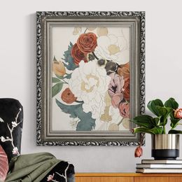 Bilderwelten Bild mit Barockrahmen Antik Blumen modern Aquarell rot - Zeichnung Blumenbouquet in Rot und Sepia - Rose Wohnzimmer Schlafzimmer