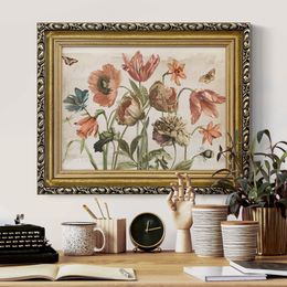Bilderwelten Bild mit Barockrahmen Antik Blumen Illustration Barock beige - Antiquarische Bl&uuml;ten - Blumenwiese Wohnzimmer Schlafzimmer