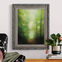 Bilderwelten Bild mit Barockrahmen Antik Wald modern Barock gr&uuml;n - Waldspaziergang im Nebel - B&auml;ume Wohnzimmer Schlafzimmer