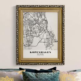 Bilderwelten Bild mit Barockrahmen Antik Weltkarte modern Barock schwarz weiss - Stadtplan Kopenhagen - Klassik - D&auml;nemark Jugendzimmer