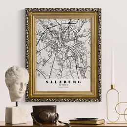 Bilderwelten Bild mit Barockrahmen Antik Weltkarte modern Barock schwarz weiss - Stadtplan Salzburg - Klassik - Skylines Jugendzimmer