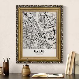 Bilderwelten Leinwandbild mit Barockrahmen Stadtplan Basel - Klassik