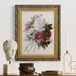 Bilderwelten Bild mit Barockrahmen Antik Blumen Landhaus Barock weiss - Pierre Joseph Redout&eacute; - Strau&szlig; von roten, lila und wei&szlig;en Pfingstrosen - edle Optik