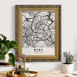 Bilderwelten Bild mit Barockrahmen Antik Weltkarte modern Barock schwarz weiss - Stadtplan Bern - Klassik - Schweiz Jugendzimmer